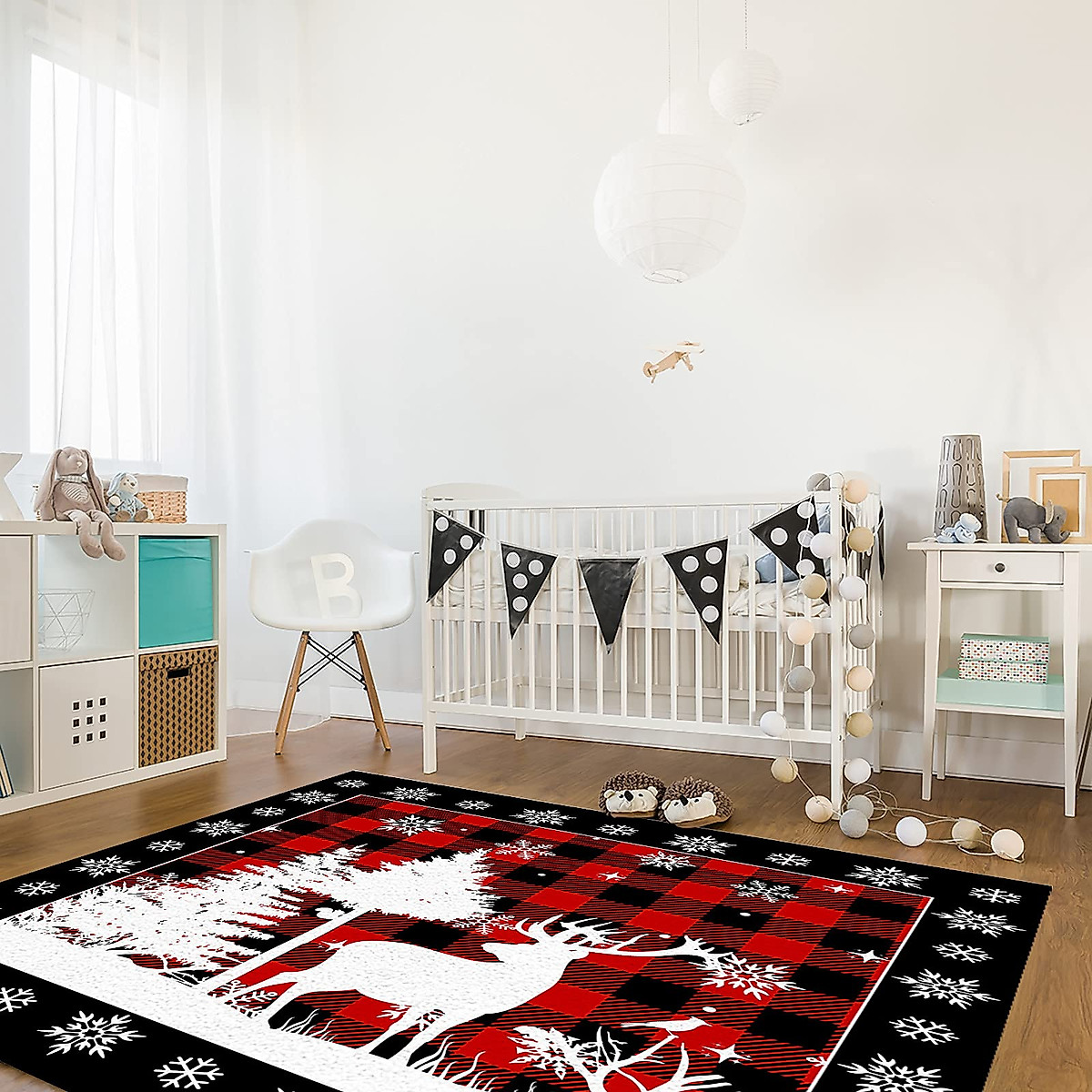Seven Roses Rectangular Area Rug for Living Room, Bedroom, White Xmas Tree Elk Snowflake Non-Slip Residential Carpet, Kitchen Rugs, Red Buffalo Plaid Christmas Floor Mat with Rubber Backing 2' x 3'