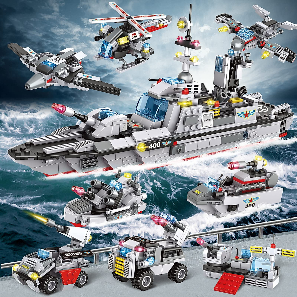 City War Aircraft Carrier Building Blocks Set, 8 in1 Military Battleship Model Brick Toy Kit with Helicopter, Aircraft, Boat, Creative Warship STEM Toys Gift for Kids Boys Girls 6+ (785 Pieces)