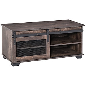 HOMCOM Farmhouse Coffee Table with Storage, Sliding Mesh Barn Door, Industrial Cocktail Table with Adjustable Shelves for Living Room, Dark Brown