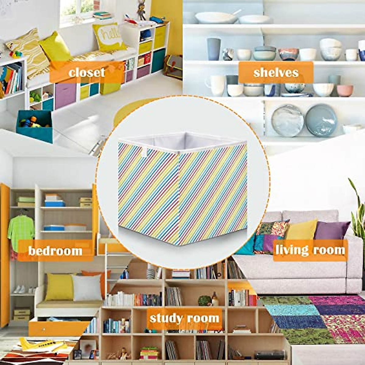 xigua Storage Cube Bright Rainbow Strips Foldable Storage Bins, Closet Shelves Organizer Fabric Storage Baskets for Clothes, Toys, Books, Office Supplies (Square)