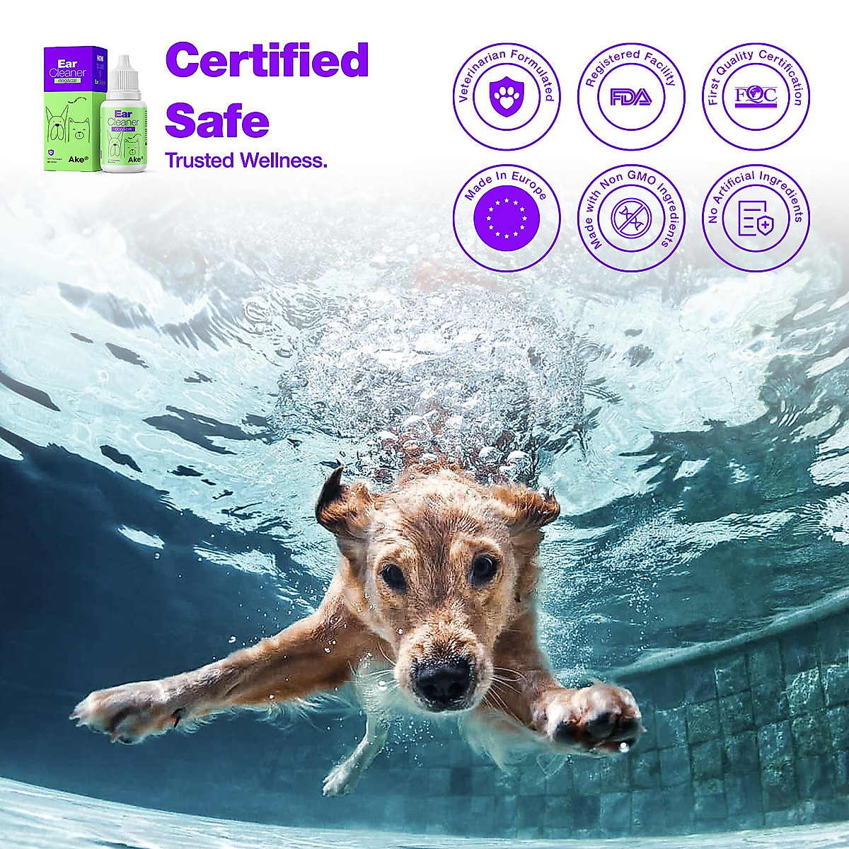 Ake® Dog Ear Cleaner Solution - Cat Ear Cleaner - Dog Ear Flush - Helps with Yeast, Wax, Dirt & Itchy Ear Canal - Dog Ear Wash - Otic Ear Solution for Dogs - Controlling Dog Ear Infections & Odor