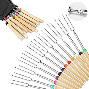 Marshmallow Roasting Sticks Wooden Handle Set of 12 Smores Skewers Telescoping Forks 32 inch with Portable Bag for Hot Dog Campfire Camping Stove BBQ Tools