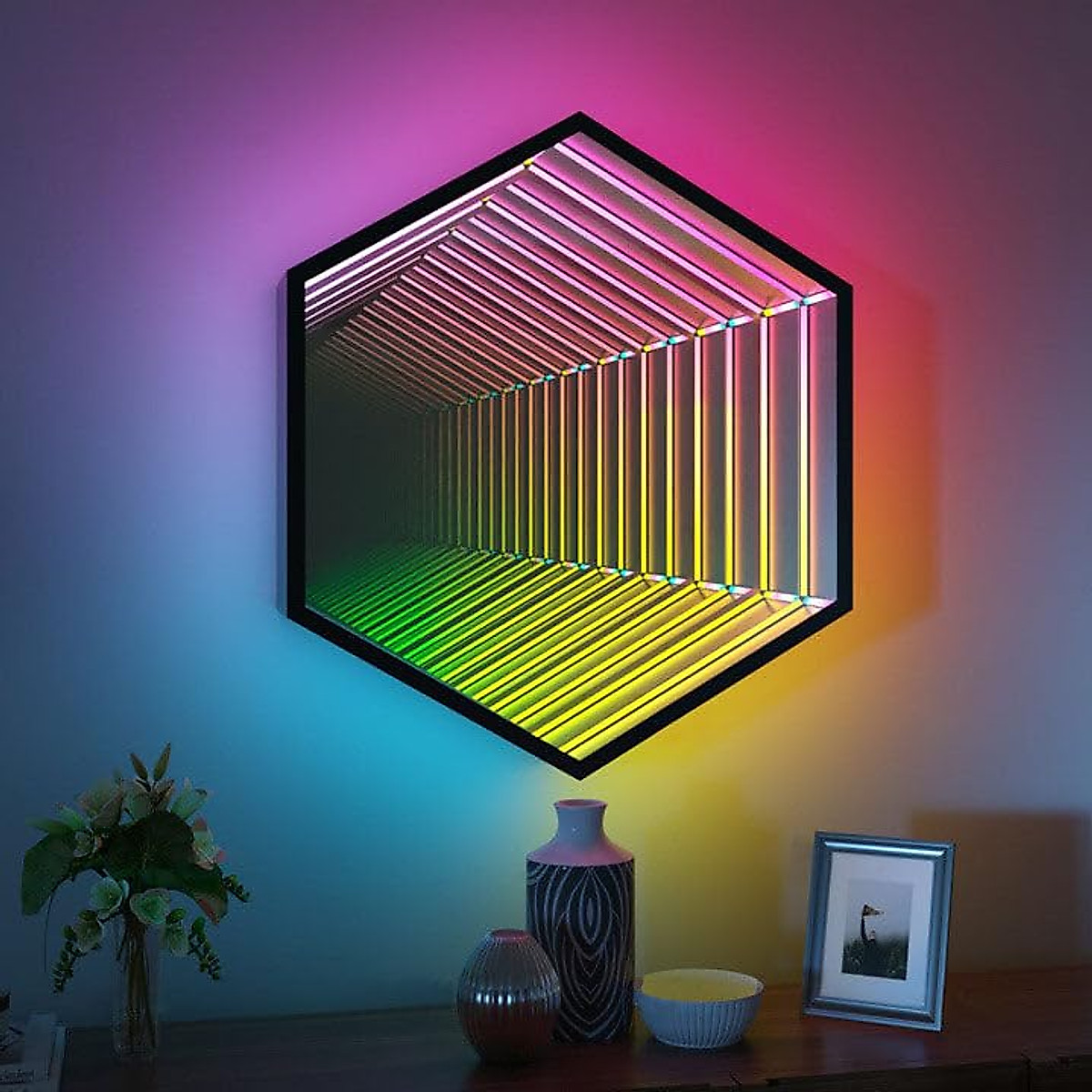 Casa Di Lumo Infinity Hexagon Mirror - LED Wall Lamp, Geometric RGB Colour Changing Wall Decor, Endless Magical Lighting, Holographic Portal (Small (11.8" / 30cm))