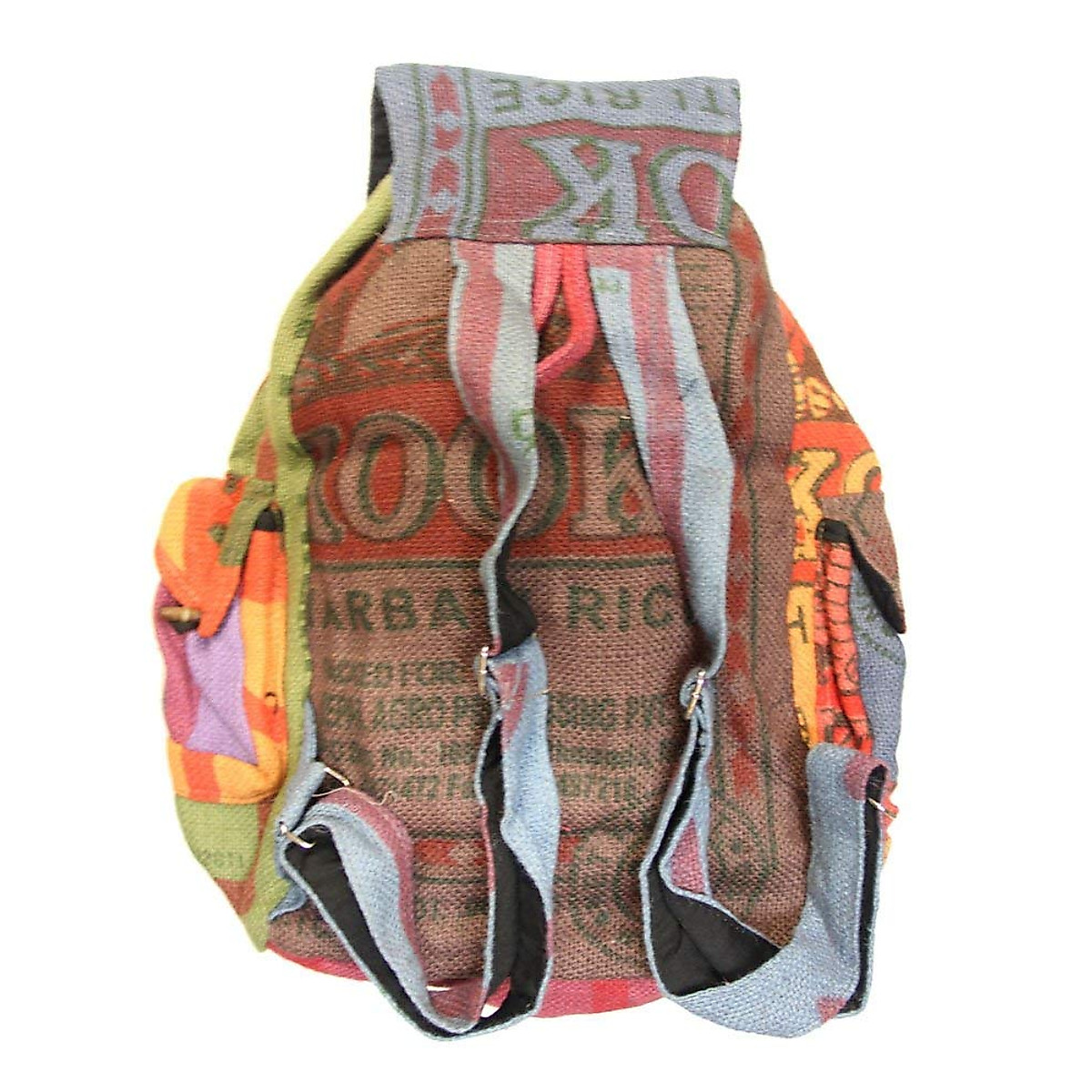 DharmaObjects Lungta Recycled Jute Rice Bag Backpack Hand Made Nepal Multi Color
