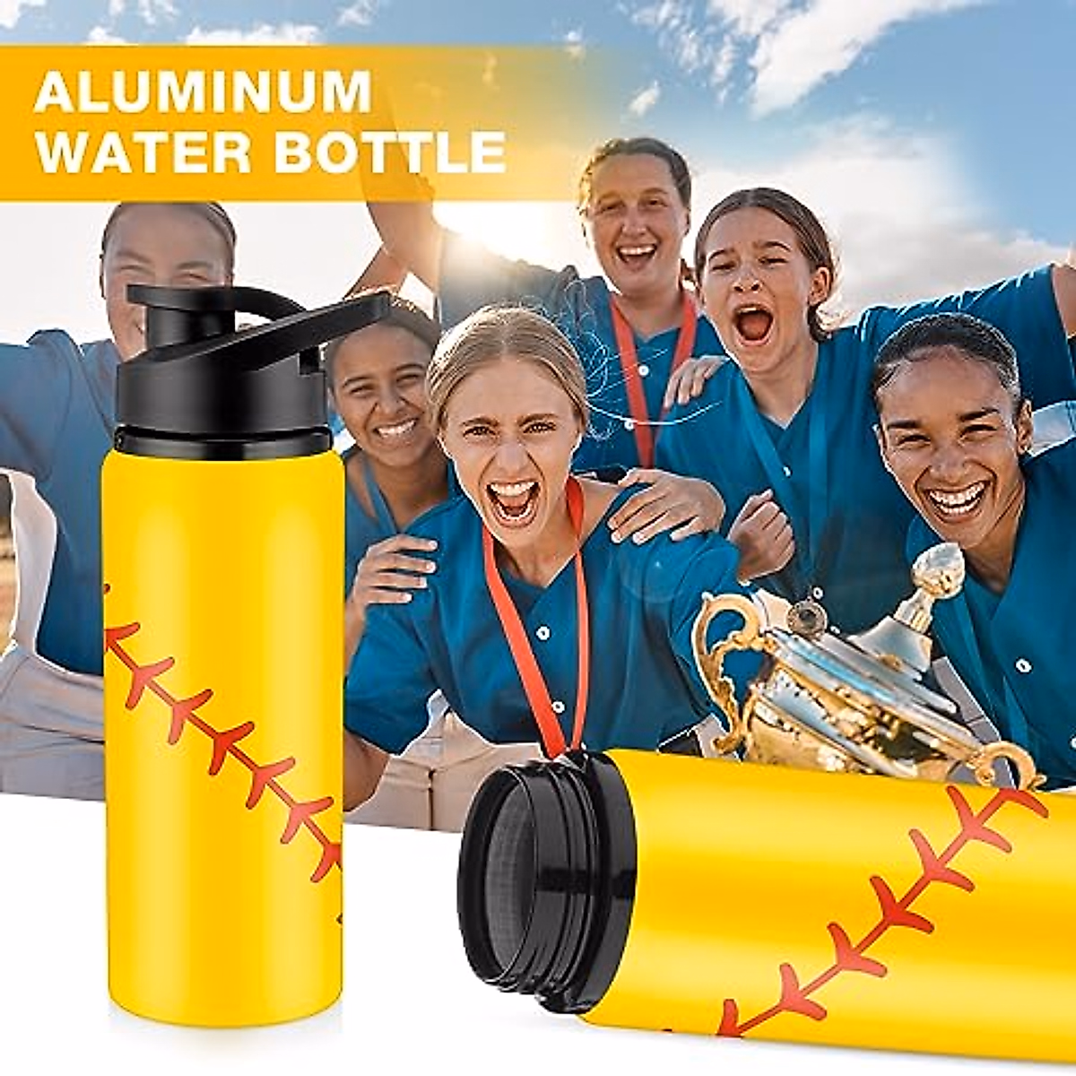 Yaomiao 16 Pcs Softball Gift Softball Water Bottles for Girls Softball Team Accessories Aluminum Water Bottle Bulk Snap Closure Reusable Leak Proof Sports Bottle for Team Gym Sports Travel(20 Oz)