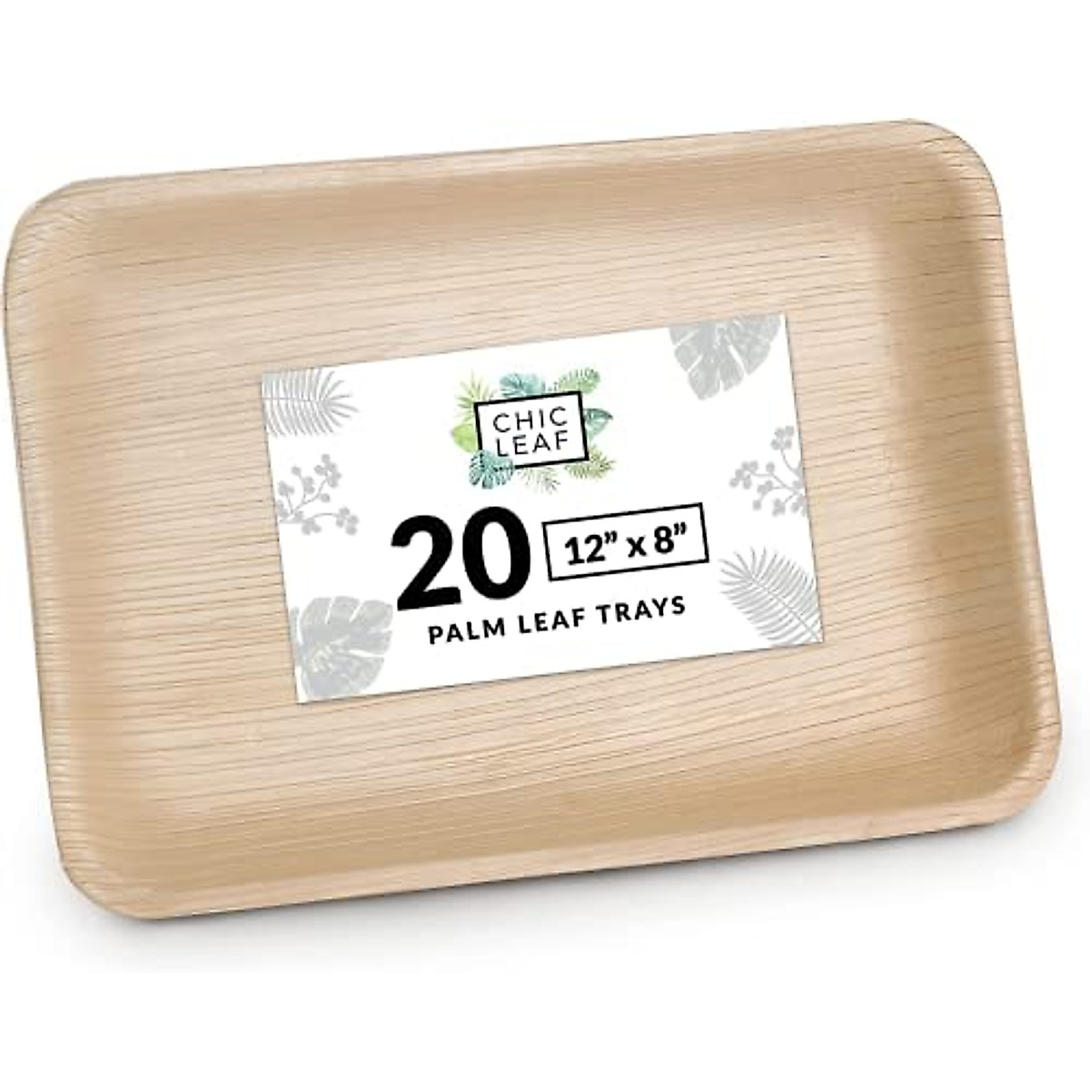 Chic Leaf Disposable Palm Leaf Trays Like Rectangle Bamboo Serving Tray 12"x8" (20 pk) - All Natural and 100% Compostable Party Trays for Charcuterie Boards, Catering, Wedding, Party