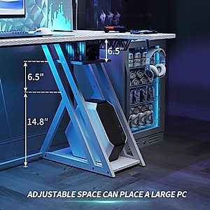 CubiCubi Aurora Gaming Desk with Carbon Fiber Surface, 55 Inch L Shaped Desk with Storage Shelves, Small Corner Computer Desk with Monitor Shelf, Gamer Desk PC Table, White