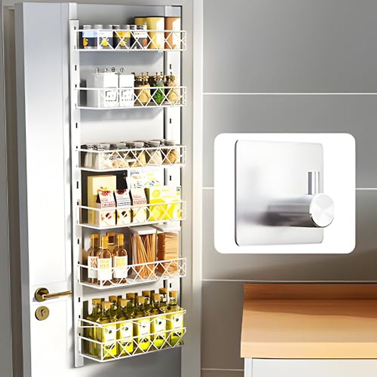 6 Tier Pantry Organizer with Cloth Hook (White) - Metal Hanging Kitchen Spice Rack, Can Organizer - Maximize Your Pantry Door Storage Space, Neat and Efficient Pantry Organization Solution