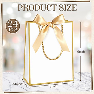 Silkfly 24 Pcs Thank You Gift Bags with Handles Blank Paper Bag Bulk with Bow Ribbon DIY 9 x 7 x 3.15'' Gift Wrapping Bags for Christmas Wedding Baby Shower Birthday Party Gift(White, Gold)