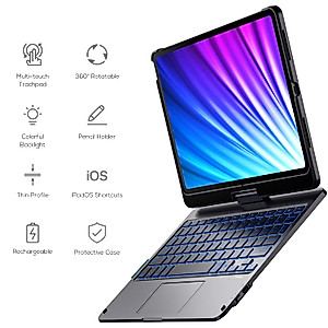 CHESONA iPad Air 5th Generation Case with Keyboard, (10.9-inch 2022) Touchpad 7 Color Backlit, 360° Rotatable, Slim Cover with Pencil Holder, Keyboard Case for iPad Air 5th/4th Gen, iPad Pro 11, Black