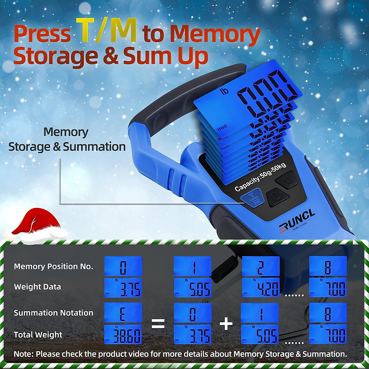 RUNCL Waterproof Fishing Scale with Lip Gripper, Electric Fish Scale with 40 in Ruler, LB/OZ/KG, Big Handle, Memory Storage, Digital Portable Hanging Scale for Luggage, Fish