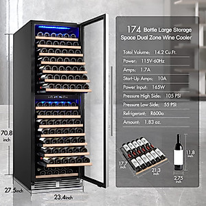BODEGA Wine Cooler Refrigerator 24 Inch, 174 Bottle Dual Zone Wine Fridge with Double-Layer Tempered Glass Door and Temperature Memory Function,Built-in or Freestanding
