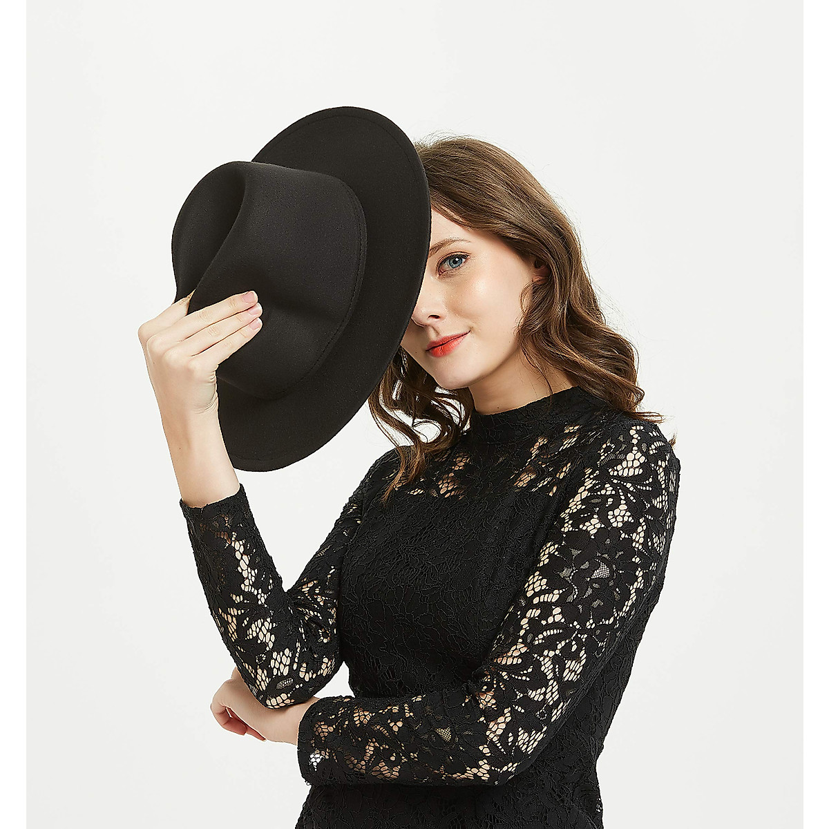 Women or Men Woolen Felt Fedora Hat Vintage Widet Brim Crushable Hat Belt Jazz, Black 58-60cm