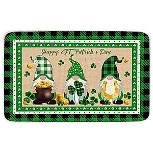 Svepndic St. Patricks Day Door Mat Indoor Outdoor Area Rugs 28 x 17 Inch Gnomes Shamrock Welcome Mat Non-Slip Green Entrance Floor Mat Clover Doormat for Kitchen Living Room Bath Room