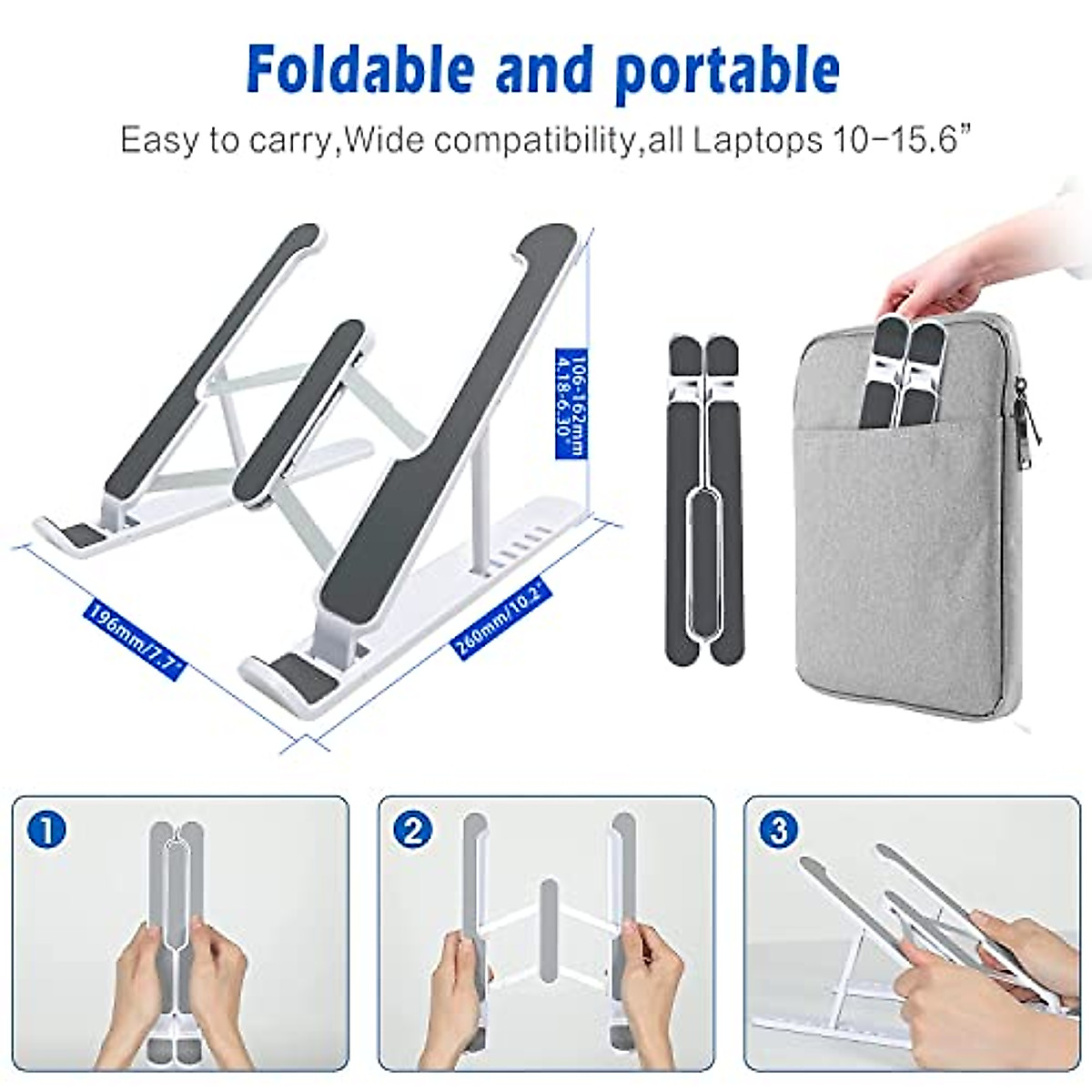 Heartbeats Laptop Stand, Laptop Riser with Adjustable Ergonomic Design, 6 Angles Anti-Slip Portable Computer Stand, Foldable Laptop Holder Compatible with 10-15.6 inch Laptops (White)