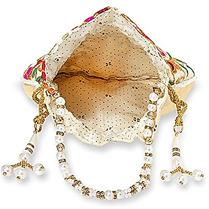 Aheli Ethnic Designer Embroidered Silk Potli Bag Batwa Pearls Handle Clutch Purse for Women (P01) (Multi Floral 4)