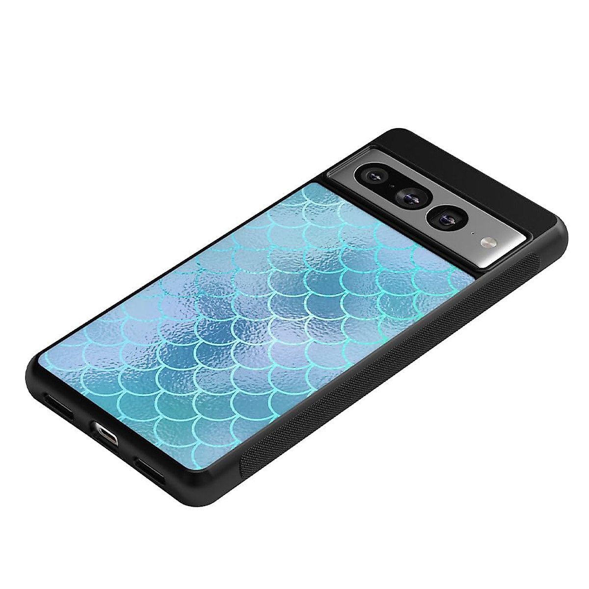 Blue Aqua Mermaid Scales Skin Black Rubber Phone Case Compatible With Google Pixel 8 Pro, 8a, 8, 7a, 7, Pixel 7 Pro, 6a, Pixel 6 Pro, 6, 5, 4a 5G, 4a 4G, 4, 4 XL, 3a, 3a XL, 3, 3 XL, 2 XL, 2