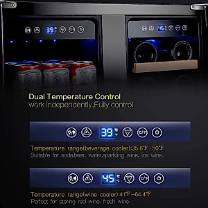 AAOBOSI 24 Inch Wine and Beverage Refrigerator - 19 Bottles & 57 Cans Capacity Dual Zone Wine Cooler - Wine Fridge Built in Counter or Freestanding - 2 Safety Locks and Blue Interior Light