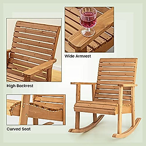Giantex Wood Rocking Chair Outdoor - Outside Rocker with High Backrest, Wide Armrests, 330 Lbs Weight Capacity, Patio Rocking Chairs for Lawn, Backyard, Indoors, Deck, Garden, Porch Chair (1, Natural)
