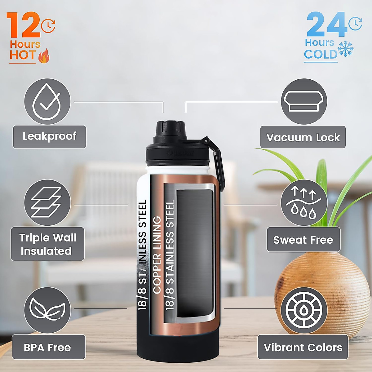 Lexlion Tea Infuser Bottle - Fruit Infuser Water Bottle 32 Oz, Triple Walled Insulated Stainless Steel Bottle, Thermal Leaf Infuser, Silicone Sleeve, 3 Lids Leakproof, Metal Mug Gallon