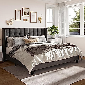 Allewie King Size Platform Bed Frame with Wingback, Upholstered Square Stitched Headboard and Wooden Slats, Mattress Foundation, Box Spring Optional, Easy Assembly, Dark Grey