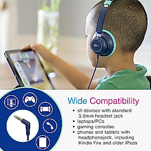 MEE audio KidJamz KJ45 Children’s Safe Listening Headphones with Volume Limiter & Microphone, Adjustable On-Ear Kids Headset Wired with 3.5mm Jack for Online Learning/School/Travel/Tablet (Blue/Teal)