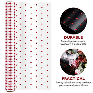 STOBOK Cellophane Wrap Roll | Red Polk Dot Gift Wrappings Paper 15.7 inch x100 Ft,2.5 Mil Thicken Transparent Long Film Gift Wrappings Packing Paper for Flowers Craft Basket Food