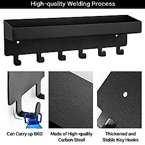 KingAcc Key Holder for Wall Decorative, Wall Mounted Key and Mail Organizer, Adhesive Key Rack/Hanger with Tray,6 Key Hooks for Entryway Hallway Kitchen Farmhouse (Black)