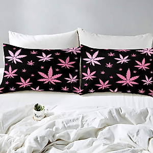 Feelyou Marijuana Leaves Bedding Set Pink Cannabis Leaves Duvet Cover for Kids Boys Girls Botanical Hemp Comforter Cover Luxury Black Girly Decor Bedspread Cover Room Decor 3Pcs Queen Size,Zipper