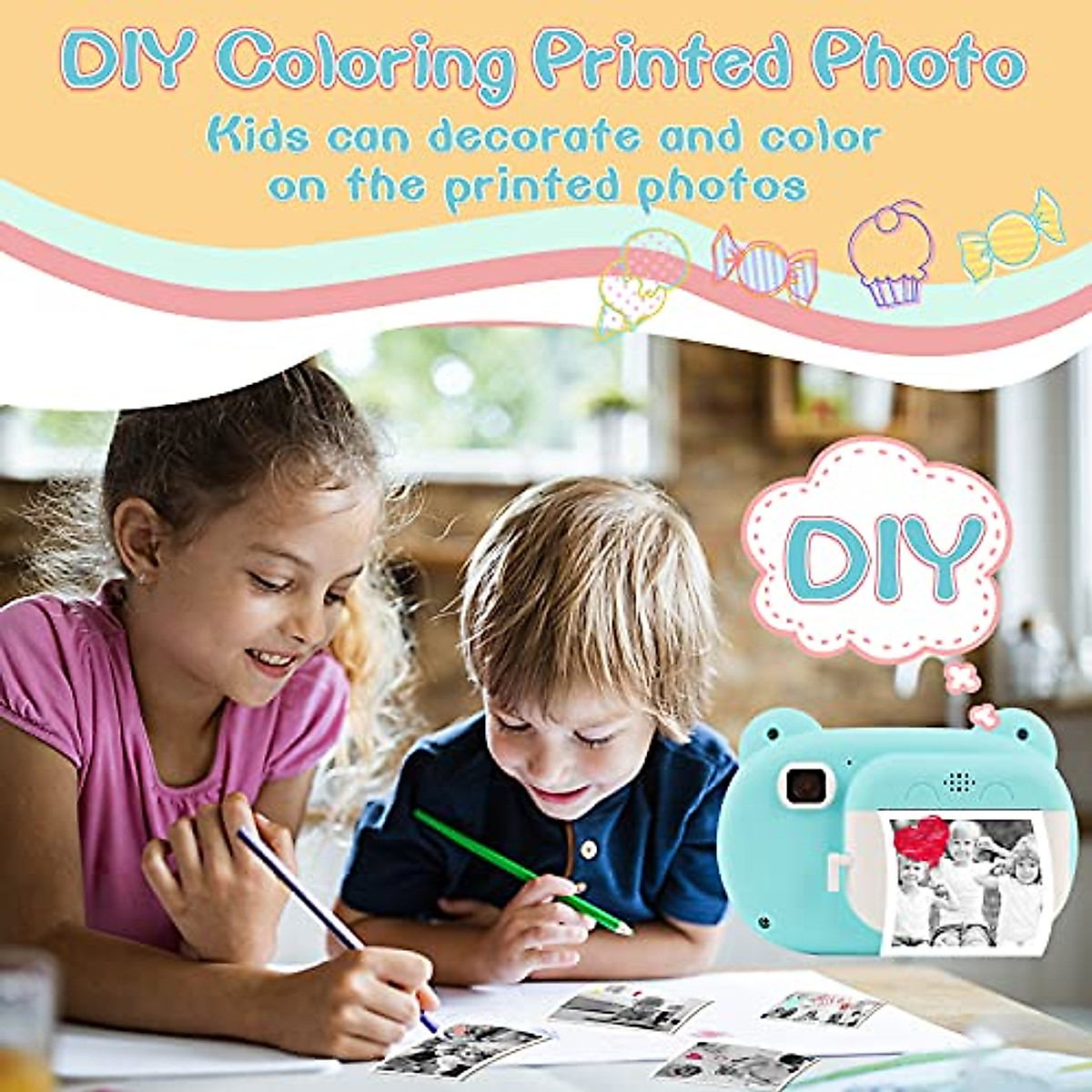 Instant Print Camera for Kids, Zero Ink Kids Camera with 3 Rolls Print Paper 1080P Kids Digital Camera 1600 mAh 32GB SD Card Toy Gifts for Birthday Christmas Holiday Children's Day (Blue)