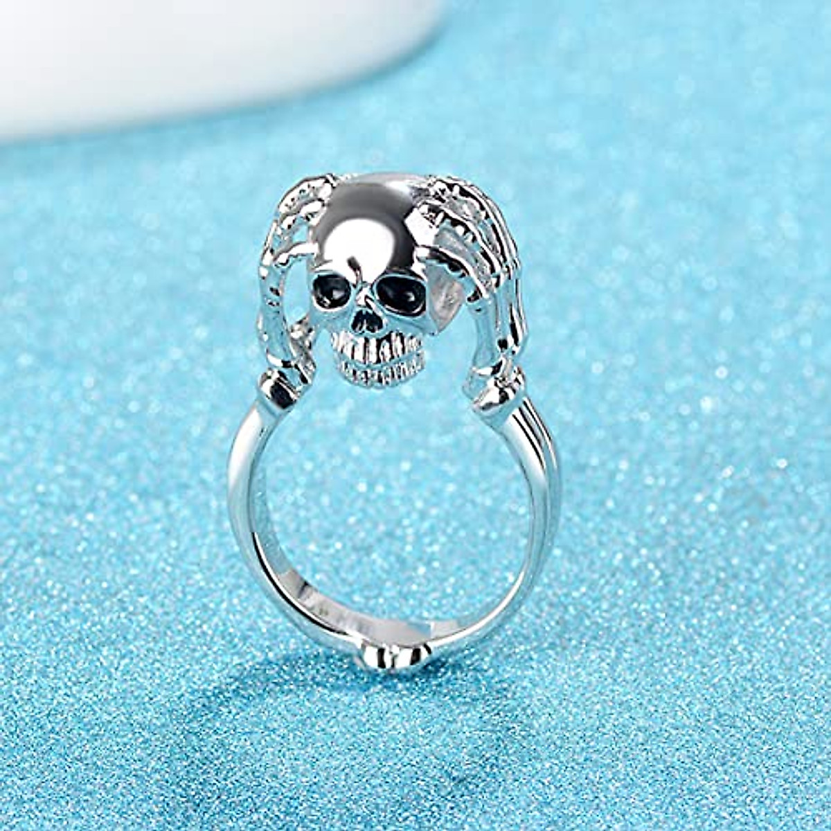 THJEW Cool Skull Head Ring for Women,S925 Sterling Silver Punk Biker Gothic Cocktail Party Halloween Headache Death Head Skeleton Skull Ring Jewelry (Ring_A, 10)