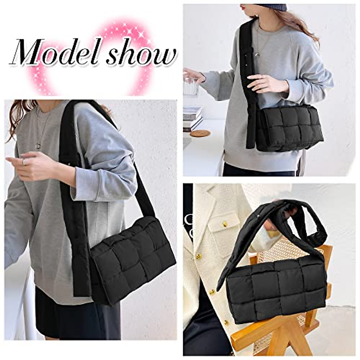 AICSOLL Puffer Woven Bag Women Cotton Padded Designer Crossbody Bags Woven Puffy Down Knitting Handbag Nylon Woven Purse Shoulder Bags