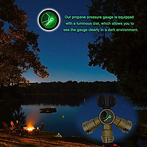 3 Way Propone Splitter QCC/POL (Propane Tank 3 Y Splitter Adapter) with Gauge and Shut-Off Valve, 3 Way Propane Gas Splitter for Propane Tank, which for Camping Stoves, BBQ Grills, RV Camper, etc.