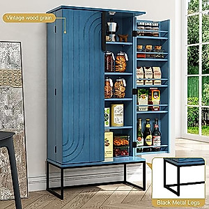 HOLTICO 46.5'' Accent Wood Grain Kitchen Pantry with Doors, Storage Cabinet with Adjustable Shelves, Food Pantry Cabinet for Kitchen, Dining Room, Living Room and Garage, Metal Legs,Blue
