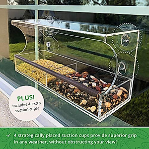 Window Bird Feeder with Strong Suction Cups - Innovative Anti-Yellowing Acrylic Technology - Extra Large 4 Cups Lock in Place Seed Tray