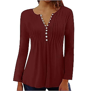 Deal of The Day Prime Today Womens Workout Tops Solid Color v Neck Long Sleeve Button Blouses Empire Waist Ruched Slim Fit Tunics Trendy 2023 Wine S