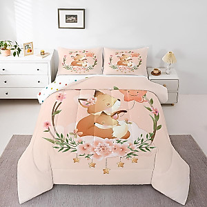 Erosebridal Kids Fox Comforter Set Twin for Girls Boys Woodland Animal Bedding Set, Pink Flower Bedding Comforter Sets Cute Stars Duvet Insert, Kawaii Jungle Wildlife Quilted Duvet Butterfly Decor