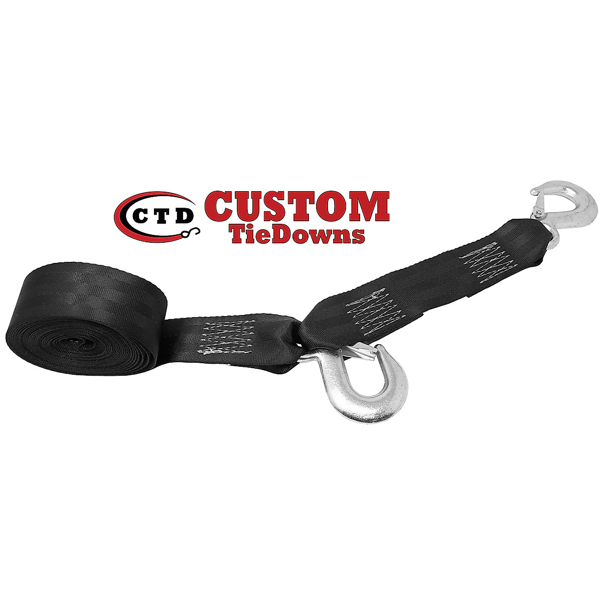 CustomTieDowns 2 Inch Wide Replacement Boat Winch Strap, Boat Hook On One End, 10 Inch Safety Strap with A Forged Snap Hook, 1 Inch Loop On Opposite End for Attachment to Winch, 1333 lb WLL (20 Feet.)