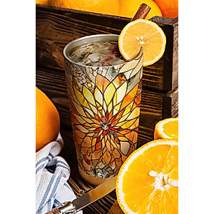 ORCAE 20oz Beautiful Colorful Daisy Flower, Stained Glass Style Flowers, Yellow Flower Tumbler Cup, Insulated Travel Mug with Lid, Coffee Thermos for Men, Women, Gifts for Women - A