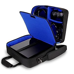 USA GEAR PS4 Travel Case - PS4 Case Compatible with PlayStation 4 Slim, PS4 Pro and PS3 - PS4 Carrying Case with Customizable Interior for PS4 Games, Controller, Headset and Gaming Accessories (Blue)