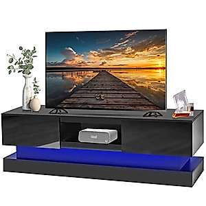YISUYA Modern Tv Stand, Black Morden TV Stand with LED Lights, High Glossy Front Tv Cabinet, for TV up to 63 Inch, Floor Tv Wall Cabinet, Modern TV Stand, for Living Room or Bedroom