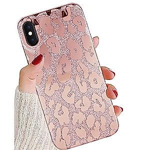 J.west iPhone Xs Max Case 6.5-inch, Luxury Saprkle Bling Glitter Leopard Print Design Soft Metallic Slim Protective Phone Cases for Women Girls TPU Silicone Cover Case Rose Gold