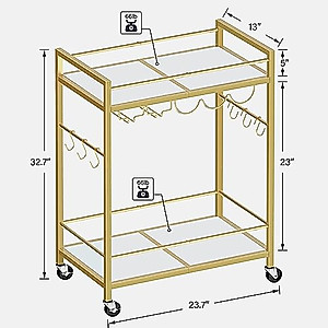VLOBAOM Serving Cart for Home, Bar Cart with Lockable Wheels, Wine Rack and Glass Holder, Mobile Liquor Cabinet Storage Shelf,24''Dx13''Wx33''H,Gold