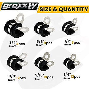 Brexxty 52 PCS Cable Clamps Assortment kit—304 Stainless Steel Wire Clamps of 6 Sizes—1/4" 5/16" 3/8" 1/2" 5/8" 3/4"—To Bundle, Clamp, & Protect Wires, Pipes, & Cables