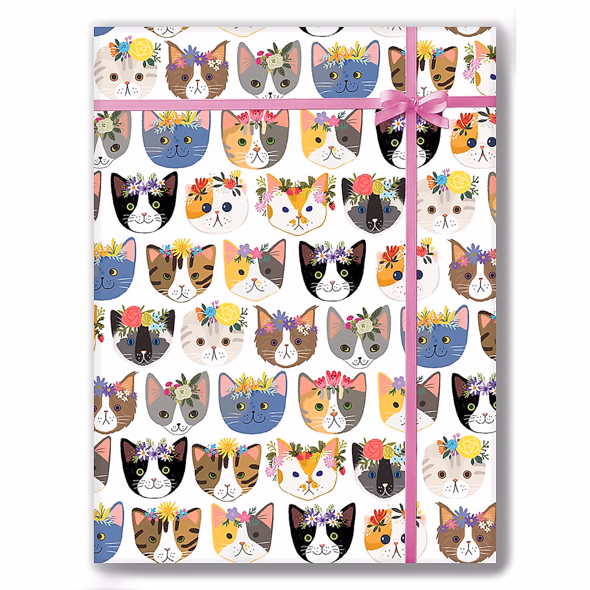 Colors of Rainbow Flat Sheet Wrapping Paper Featuring Cute Kitties Wearing Flower Crowns with a Floral Flair Gift Wrap (Kitty Cat)