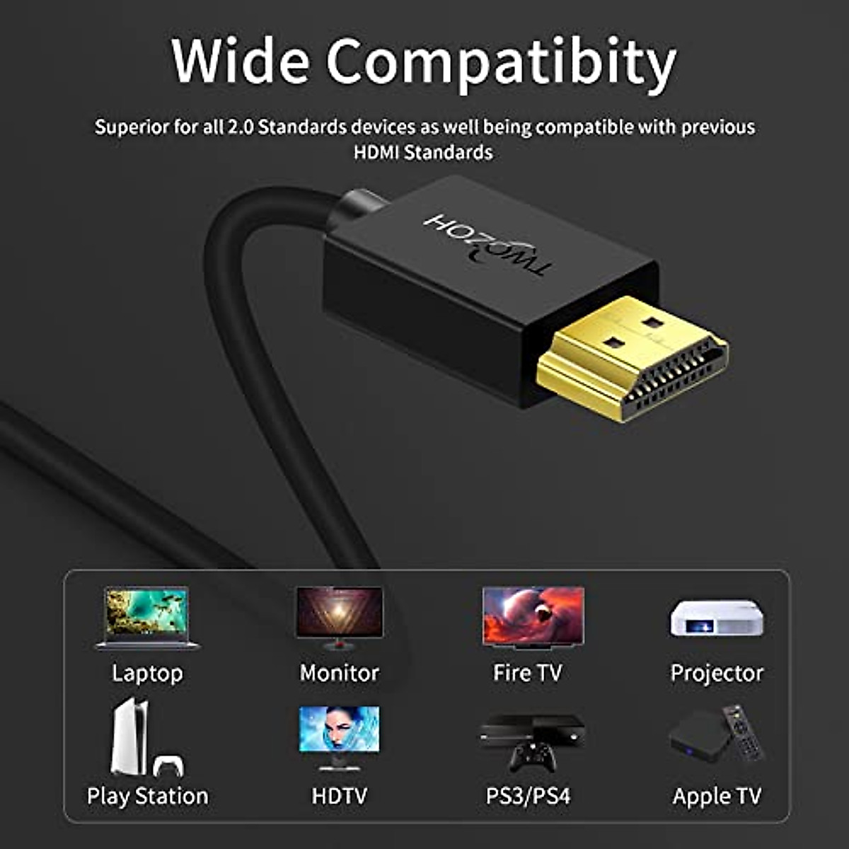 Twozoh Flexible & Slim HDMI Cable 1FT, Soft & Ultra-Thin HDMI to HDMI Cord Support 4K@60Hz/2160P/1080P