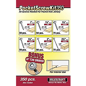 Milescraft 5209 Pocket Screw Kit 350- T20 Star Head Pocket Hole Screw Kit (350-Pieces)- 6 Sizes + Bonus 6inch Magnetic Driver Included-All Screws Needed for Pocket Hole Joinery