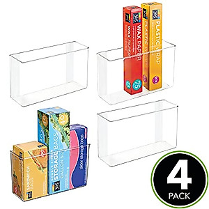 mDesign Plastic Adhesive Storage Organizer Container Bin for Kitchen Shelf, Countertop, Cabinet, or Pantry Organization - Space Saving for Sandwich Bag, Plastic Wrap, Linge Collection - 4 Pack - Clear