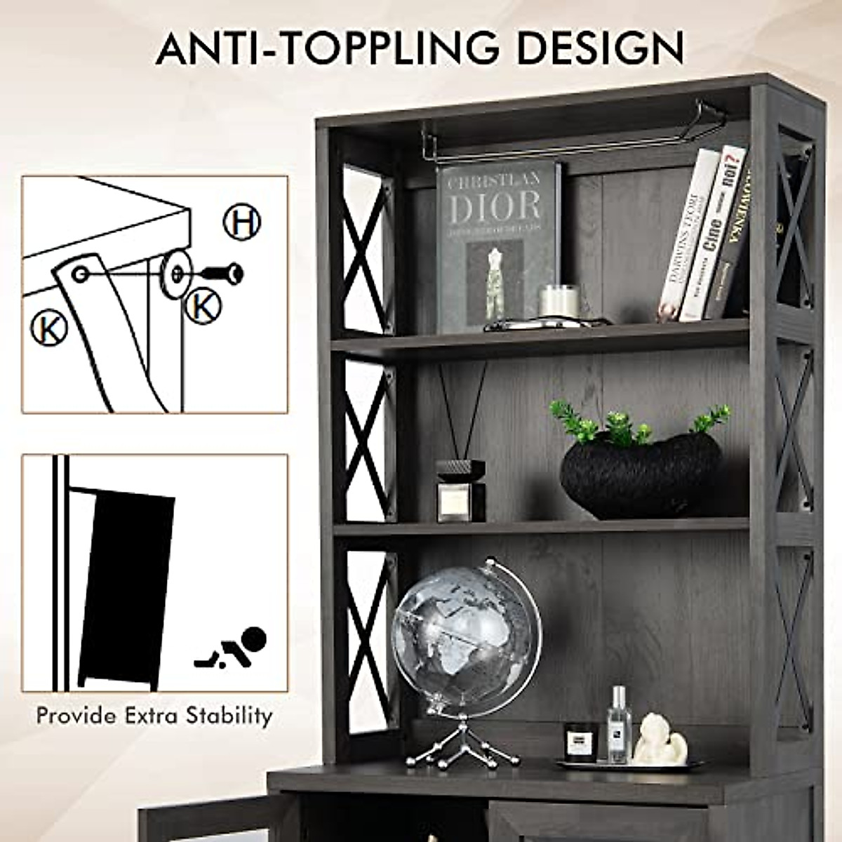 Giantex Kitchen Pantry, 67.5" Buffet Hutch Cabinet, 2 Door Sideboard, Coffee Bar Cabinet w/Glass Holder, Adjustable Shelves, Anti-toppling, Farmhouse Freestanding Wood Microwave Stand, Gray