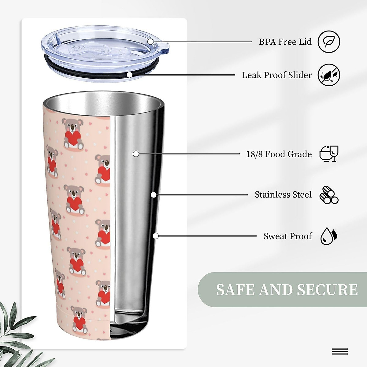 Yaxongx 20oz Tumbler Cute Love Koala Double Wall Vacuum Insulated Coffee Mug with Lid and Metal Straw Brush Reusable Stainless Steel Water Bottle Travel Cup Gifts for Car Ice Drinks Hot Beverage